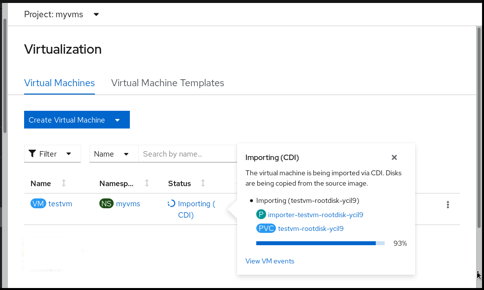 Creating a VM Using the OpenShift Web Console